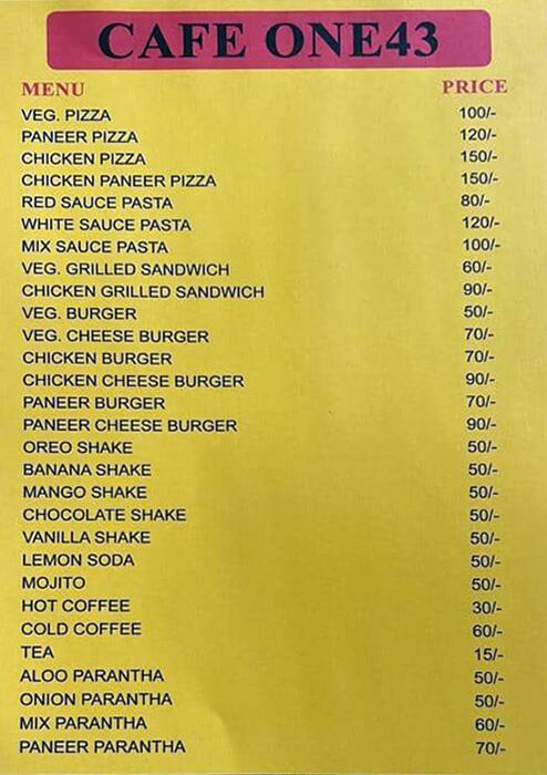 Menu of CAFE ONE43, Sector 144, Noida