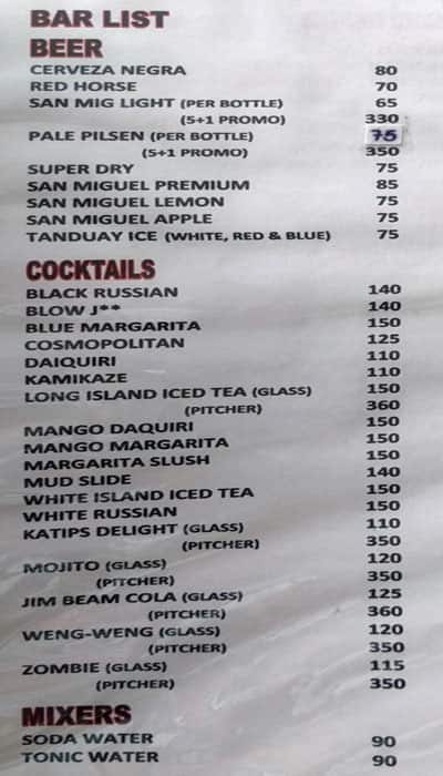 Menu at Katips pub & bar, Quezon City, 209 Katipunan Avenue Blueridge ...