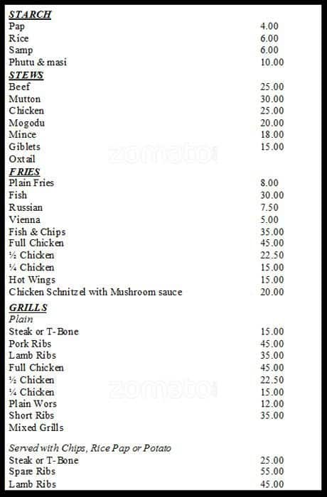 Menu at Tinti's Restaurant & Bar, Johannesburg
