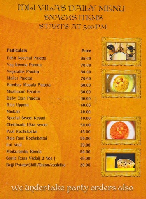 Menu at Idli Vilas, Chennai, /328 Th Road