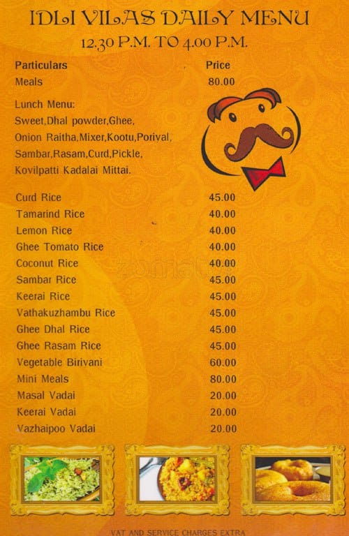 Menu at Idli Vilas, Chennai, /328 Th Road