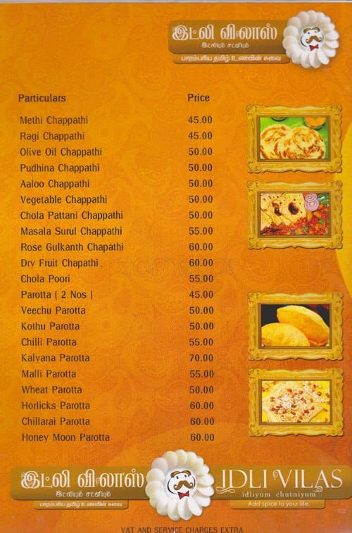 Menu at Idli Vilas, Chennai, /328 Th Road