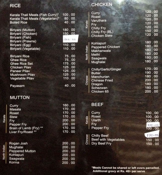 Menu of Frys Restaurant, Ravipuram, Kochi