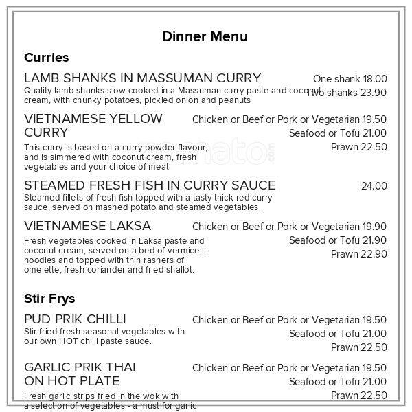 Menu at Thai Saigon restaurant, Invercargill