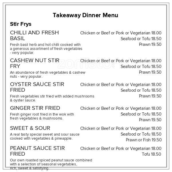 Menu at Thai Saigon restaurant, Invercargill