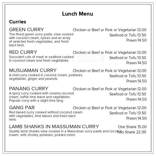 Menu at Thai Saigon restaurant, Invercargill