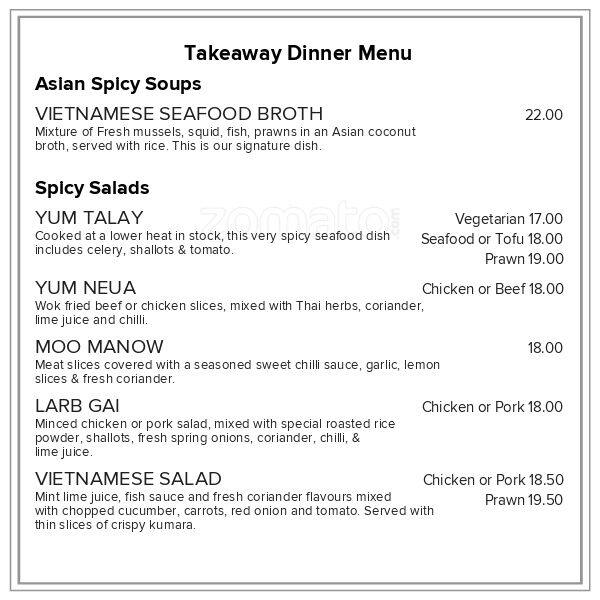 Menu at Thai Saigon restaurant, Invercargill