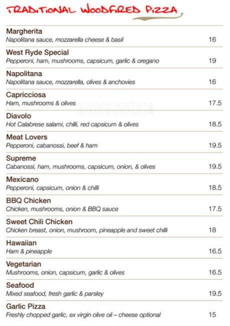 Menu at West Ryde Woodfire pizzeria, West Ryde