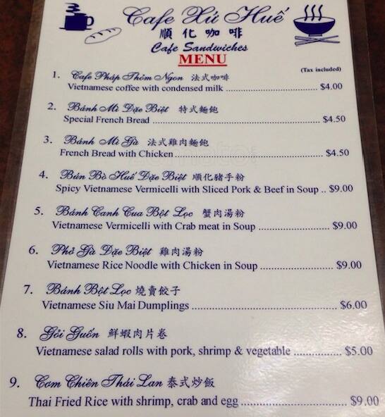 Menu at Cafe Xu Hue, Vancouver