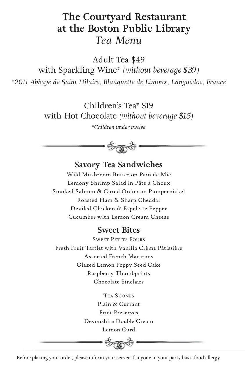 Menu at The Courtyard Tea Room cafe, Boston, 700 Boylston St