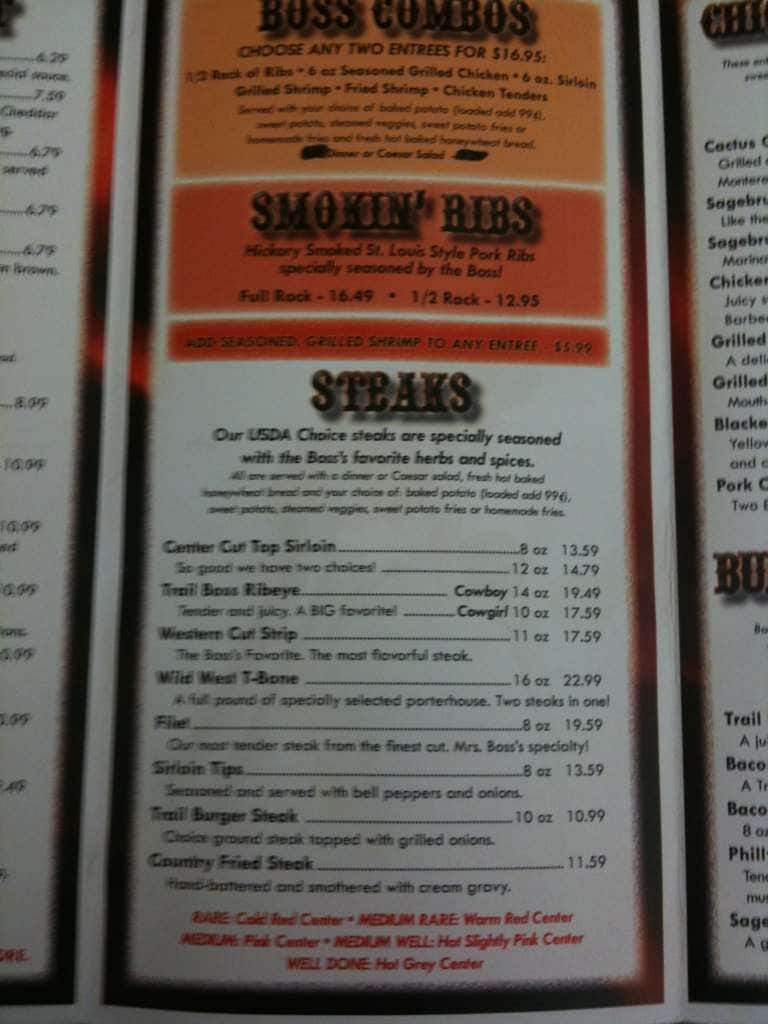 Menu at Trail Boss Steakhouse, Natchitoches