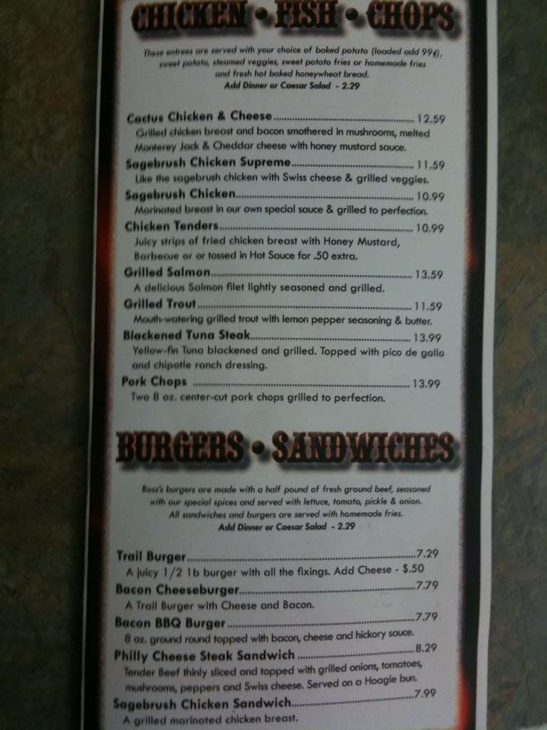 Menu at Trail Boss Steakhouse, Natchitoches