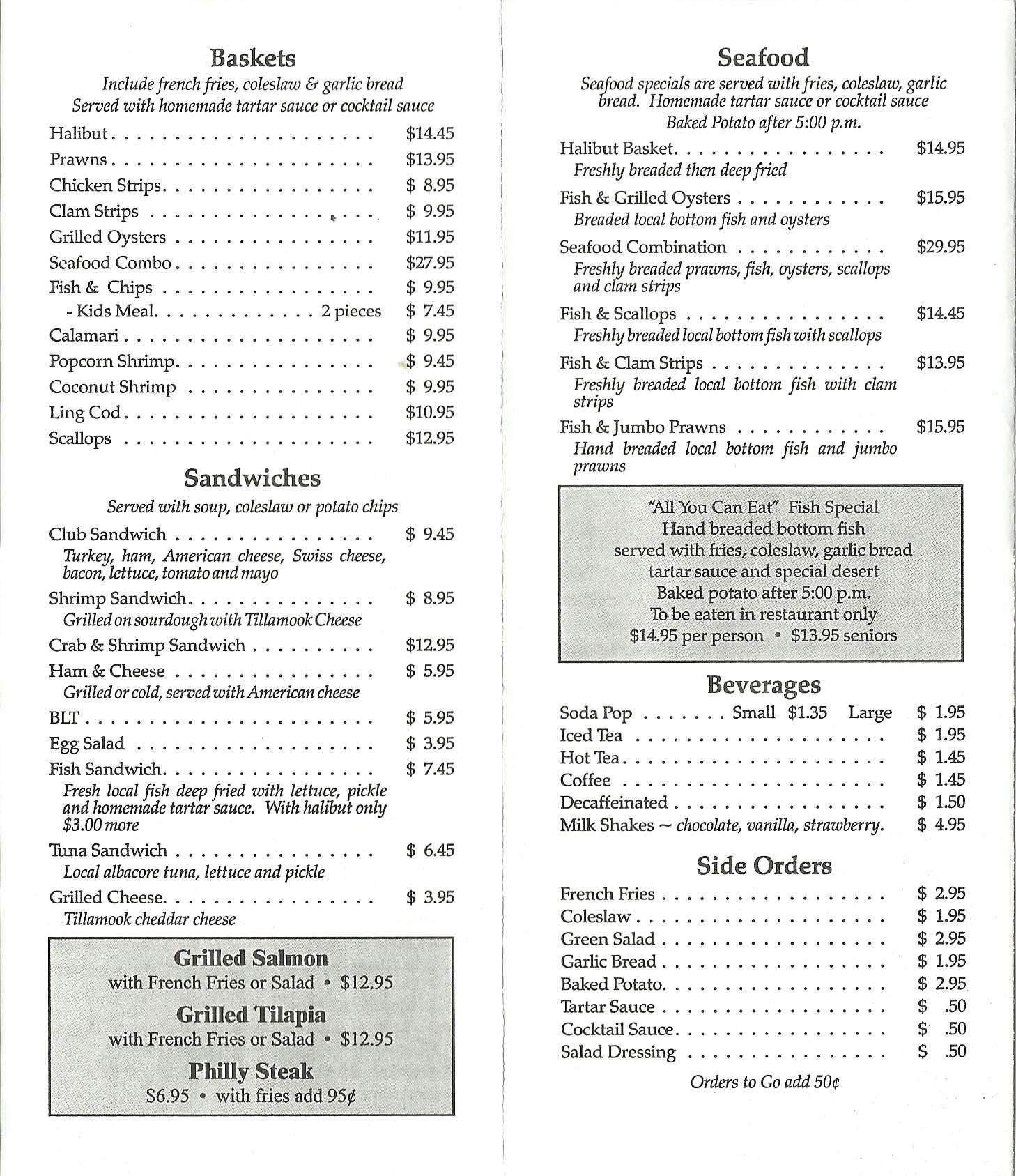 Menu at Fisherman's Korner Restaurant, Garibaldi