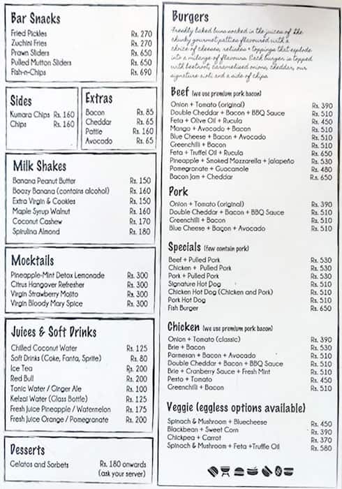 Menu of Burger Factory, Morjim, Goa