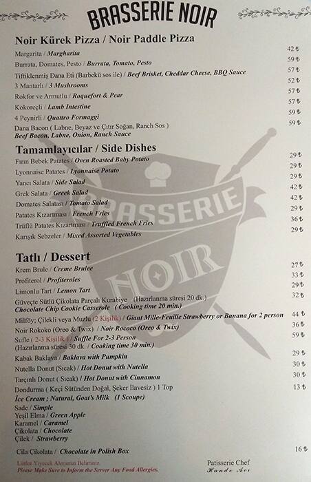 Menu at Brasserie Noir, Istanbul