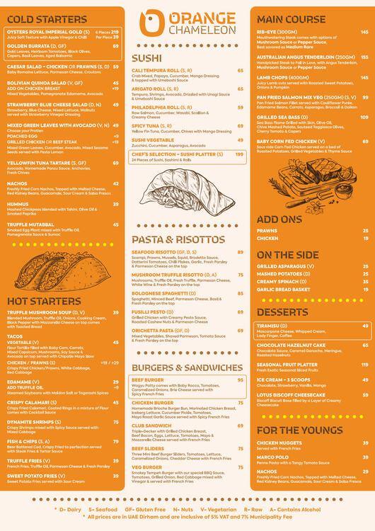 Menu of Orange Chameleon, Palm Jumeirah, Dubai