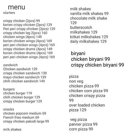 Menu of The Dropout's Kitchen, Jeedimetla, Hyderabad