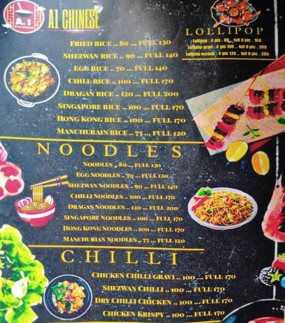 Menu of A 1 Chinese, Bandra Talao, Bandra West, Mumbai