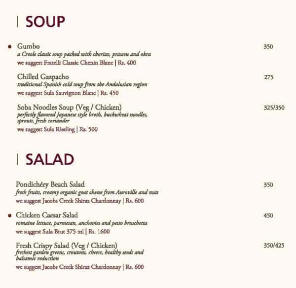 Menu of Le Dupleix, White Town, Puducherry