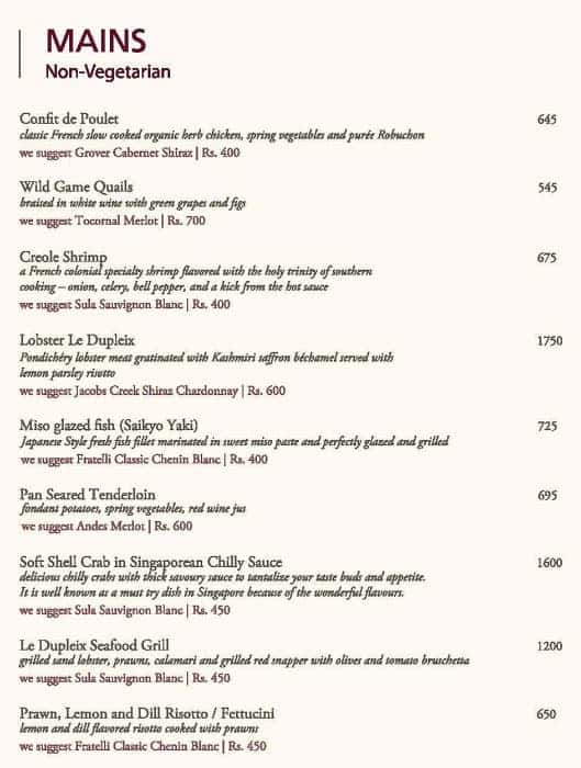 Menu at Le Dupleix, Puducherry