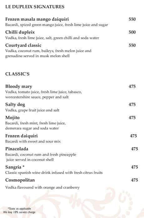 Menu at Le Dupleix, Puducherry