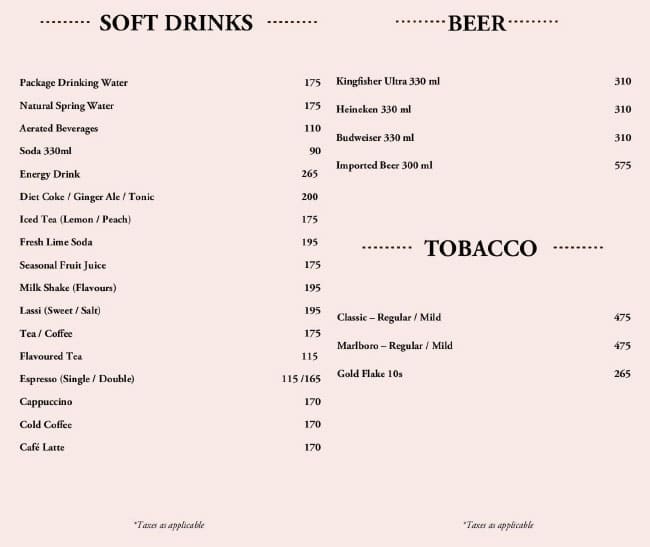 Menu at Le Dupleix, Puducherry