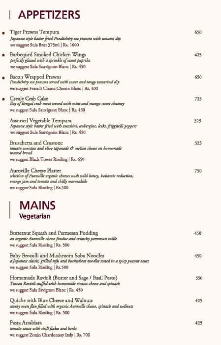 Menu at Le Dupleix, Puducherry