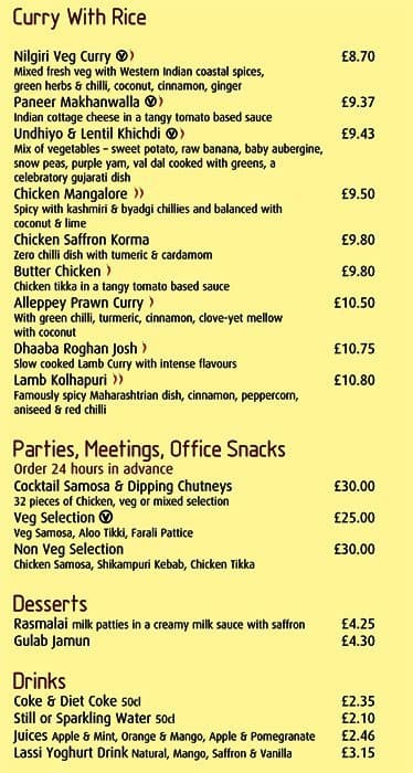 Menu at Masala Zone Covent Garden restaurant, London, 48 Floral St