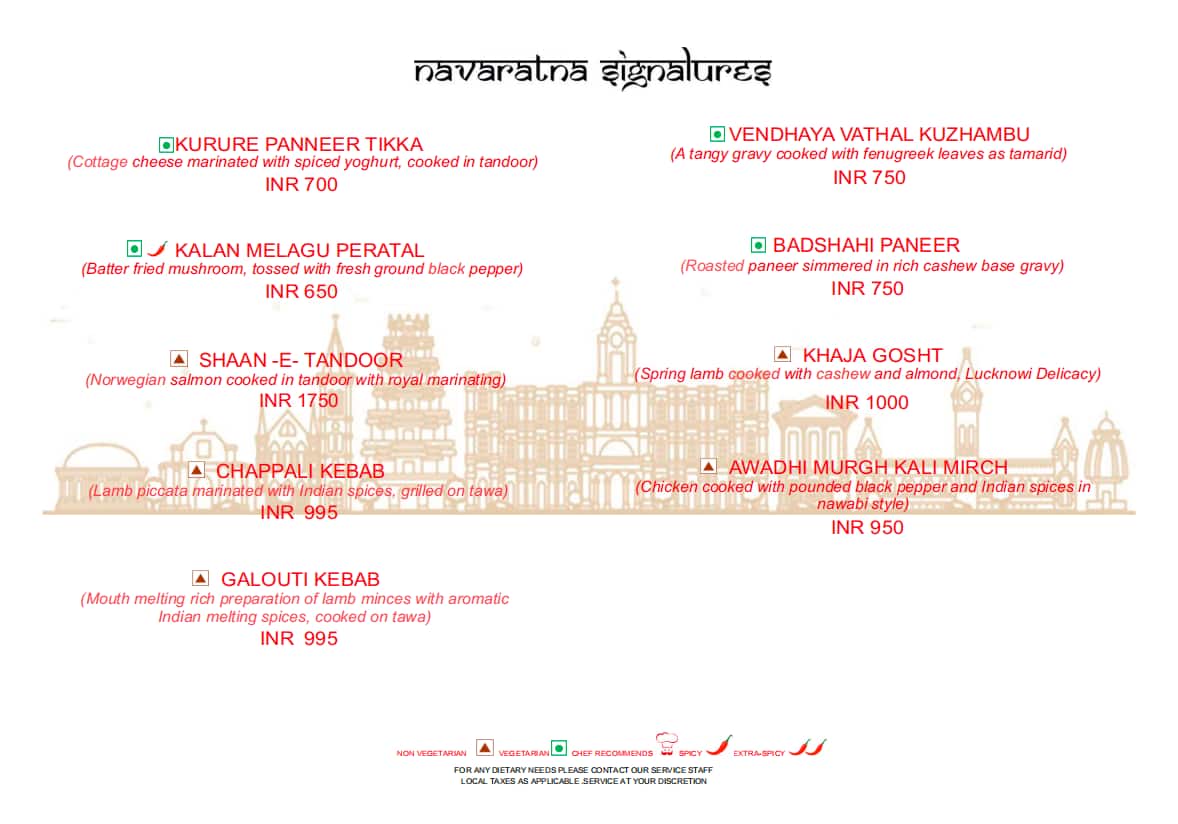 Menu of Navaratna - Le Royal Meridien, St. Thomas Mount, Chennai
