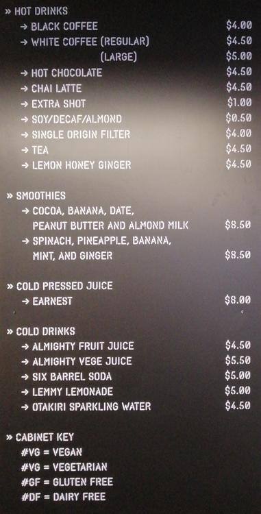 Menu at Milk Crate cafe, Wellington