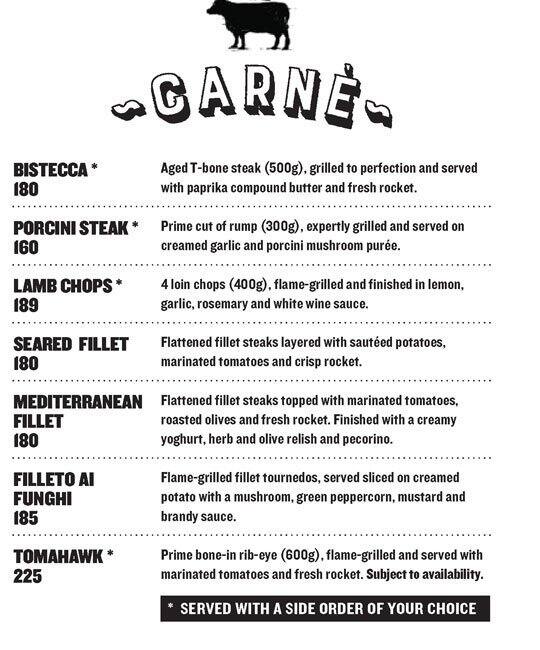 Menu at PRIMI restaurant, Pretoria, John Vorster Road