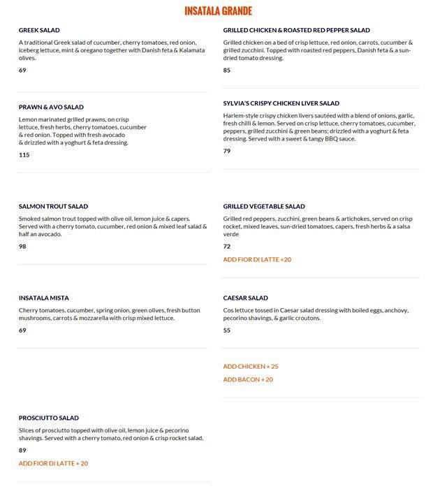 Menu au Primi Piatti restaurant, Pretoria, Shop 120A