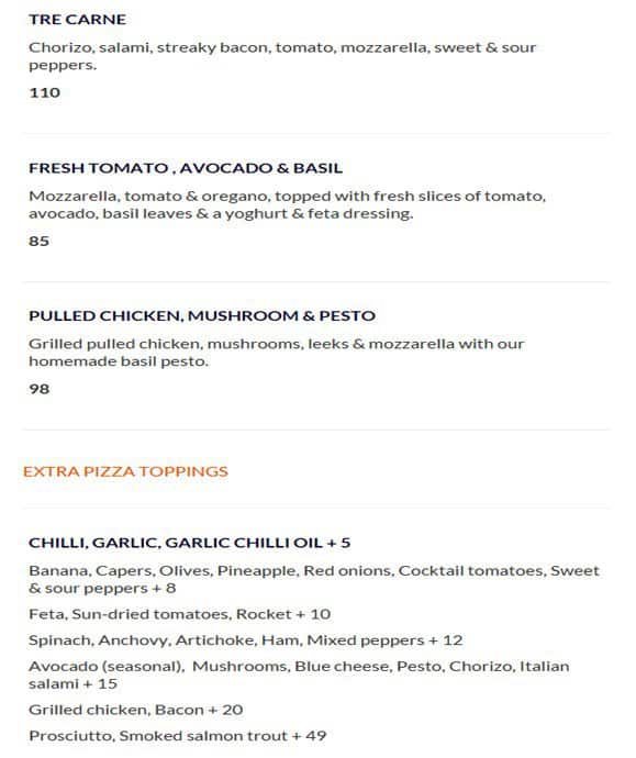 Menu au Primi Piatti restaurant, Pretoria, Shop 120A