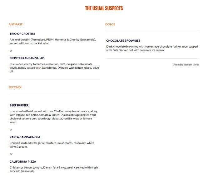 Menu au Primi Piatti restaurant, Pretoria, Shop 120A