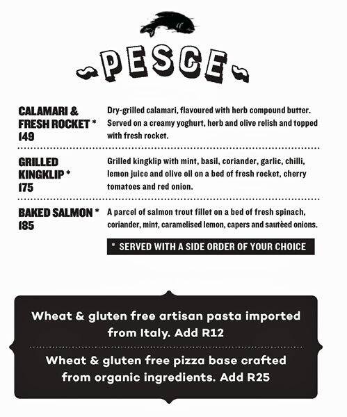 Menu at PRIMI restaurant, Pretoria, John Vorster Road