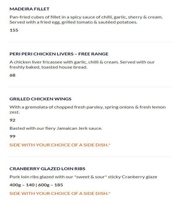 Menu au Primi Piatti restaurant, Pretoria, Shop 120A