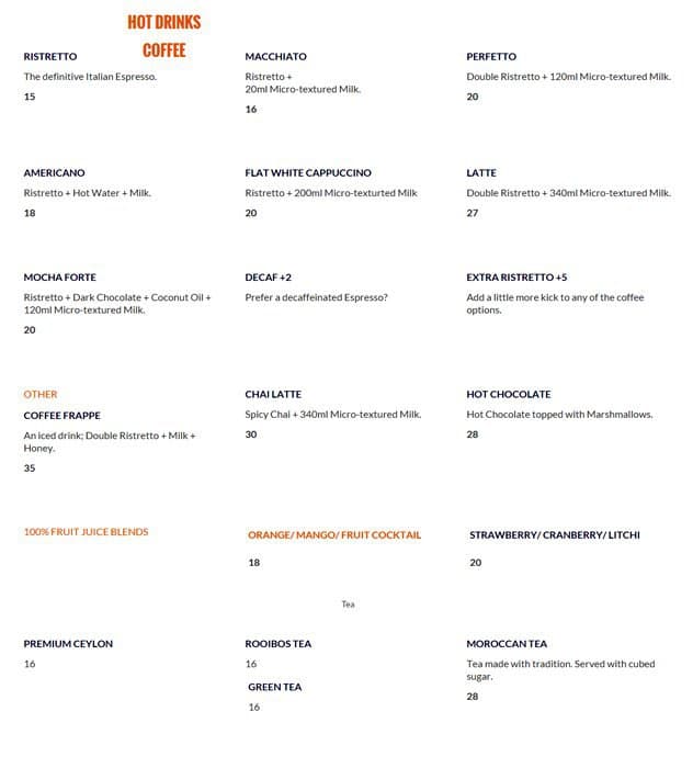 Menu au Primi Piatti restaurant, Pretoria, Shop 120A