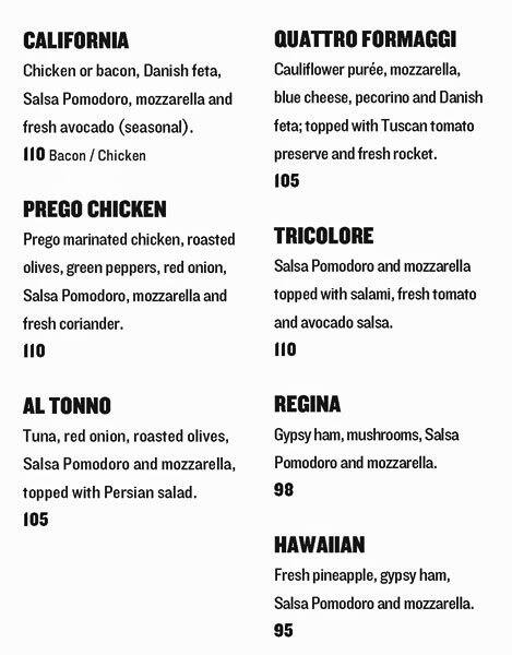 Menu at PRIMI restaurant, Pretoria, John Vorster Road