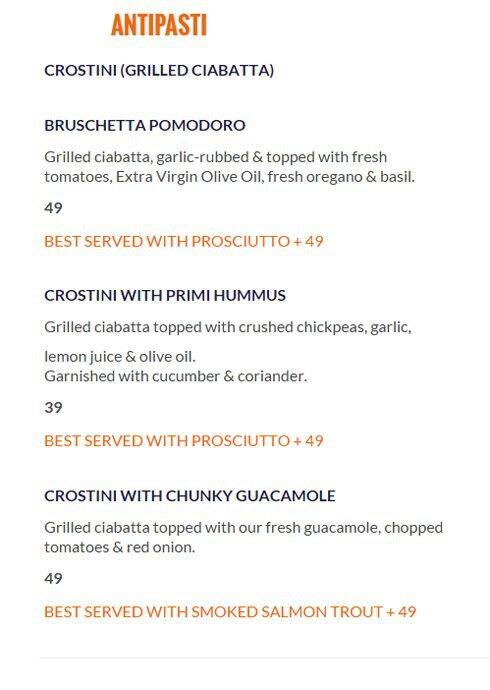 Menu au Primi Piatti restaurant, Pretoria, Shop 120A