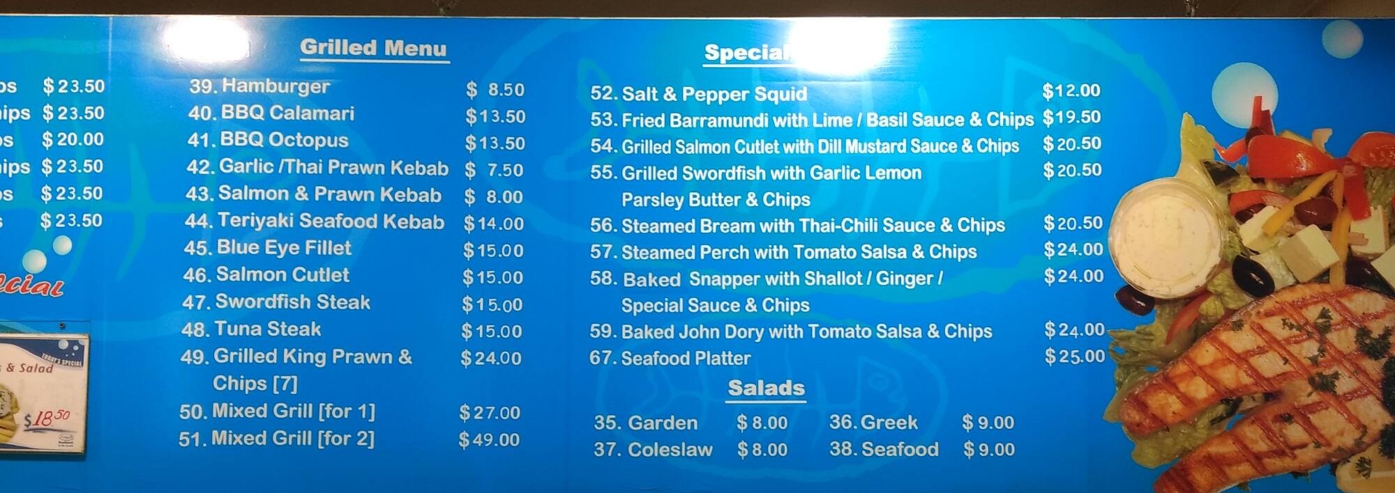 Menu at Seafood at the Beach restaurant, Dee Why