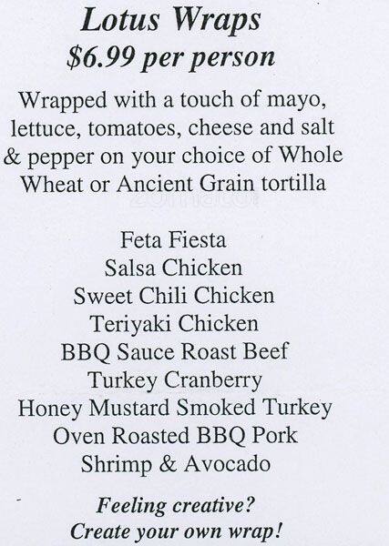 Menu at Lotus Cafe, Burnaby