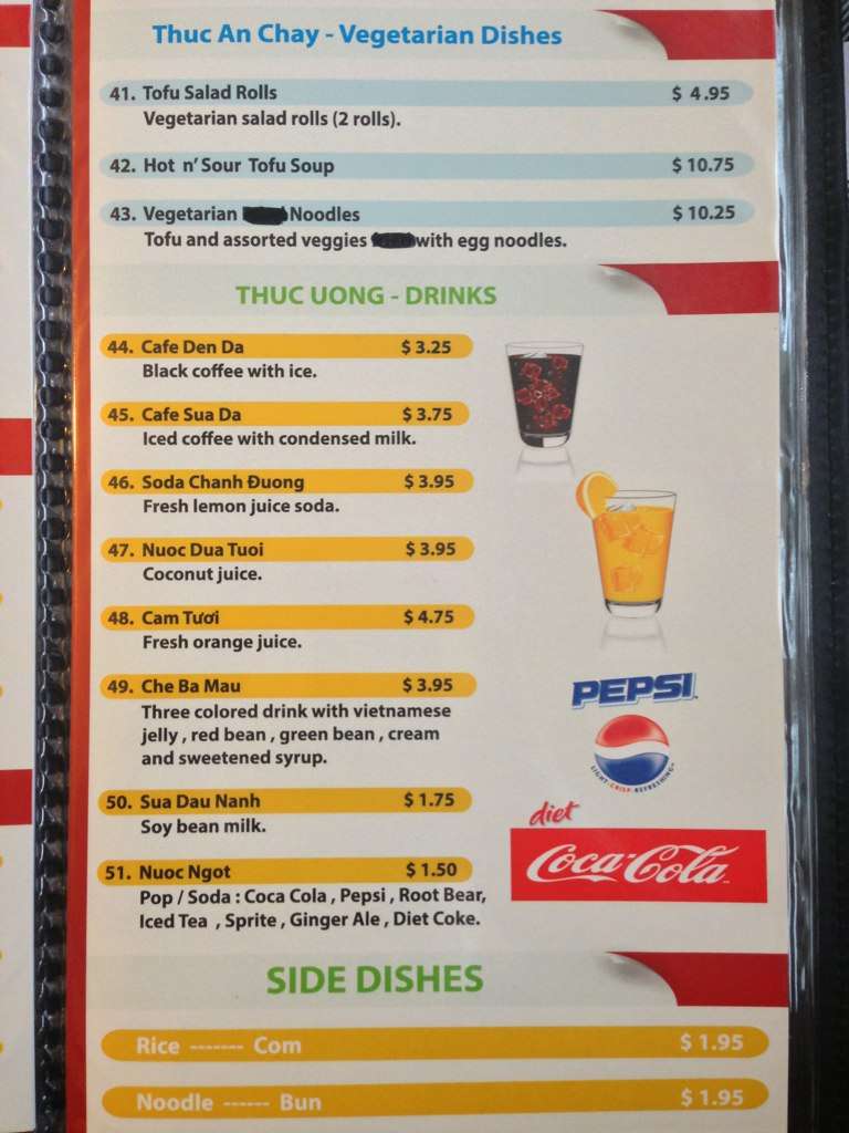 Menu at Pho VTa Vietnamese Restaurant, Nanaimo