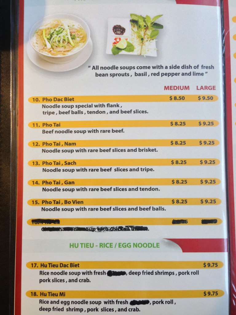 Menu at Pho VTa Vietnamese Restaurant, Nanaimo