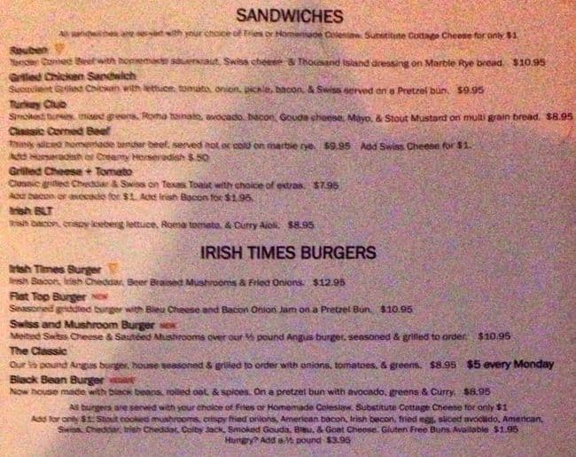 Menu at Irish Times pub & bar, Brookfield