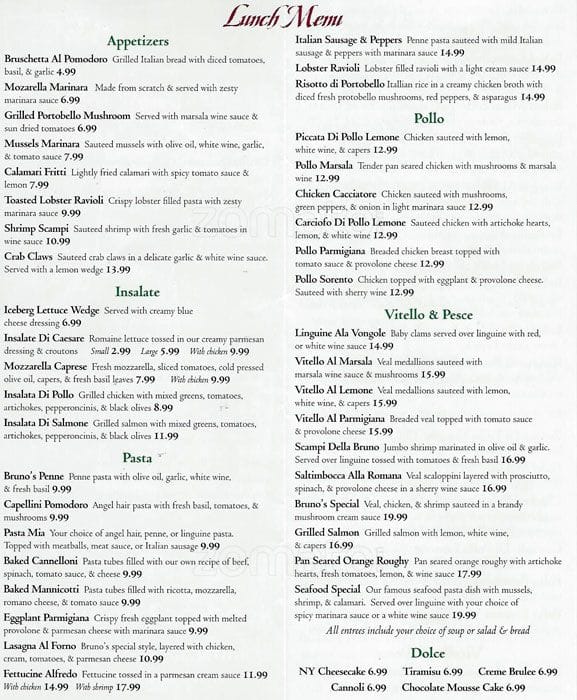 Bruno's Ristorante Menu, Menu for Bruno's Ristorante, Valley Ranch ...