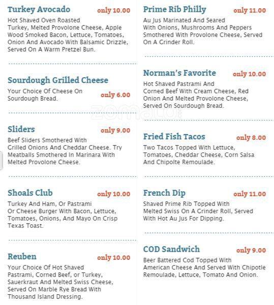 Menu at Shoals Grill pub & bar, Mooresville