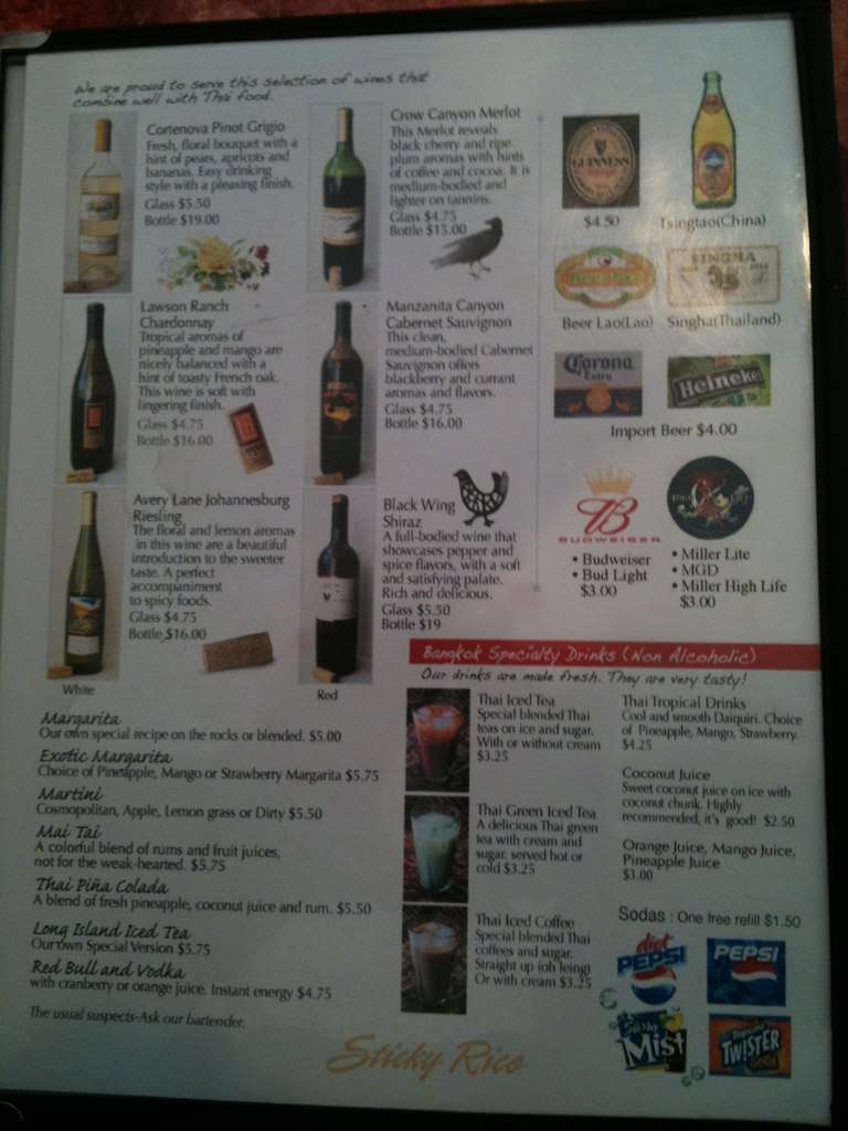 Menu at Sticky Rice Thai restaurant, Racine
