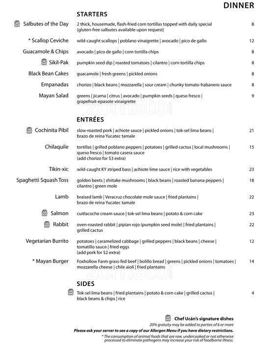 Menu at Mayan Cafe, Louisville