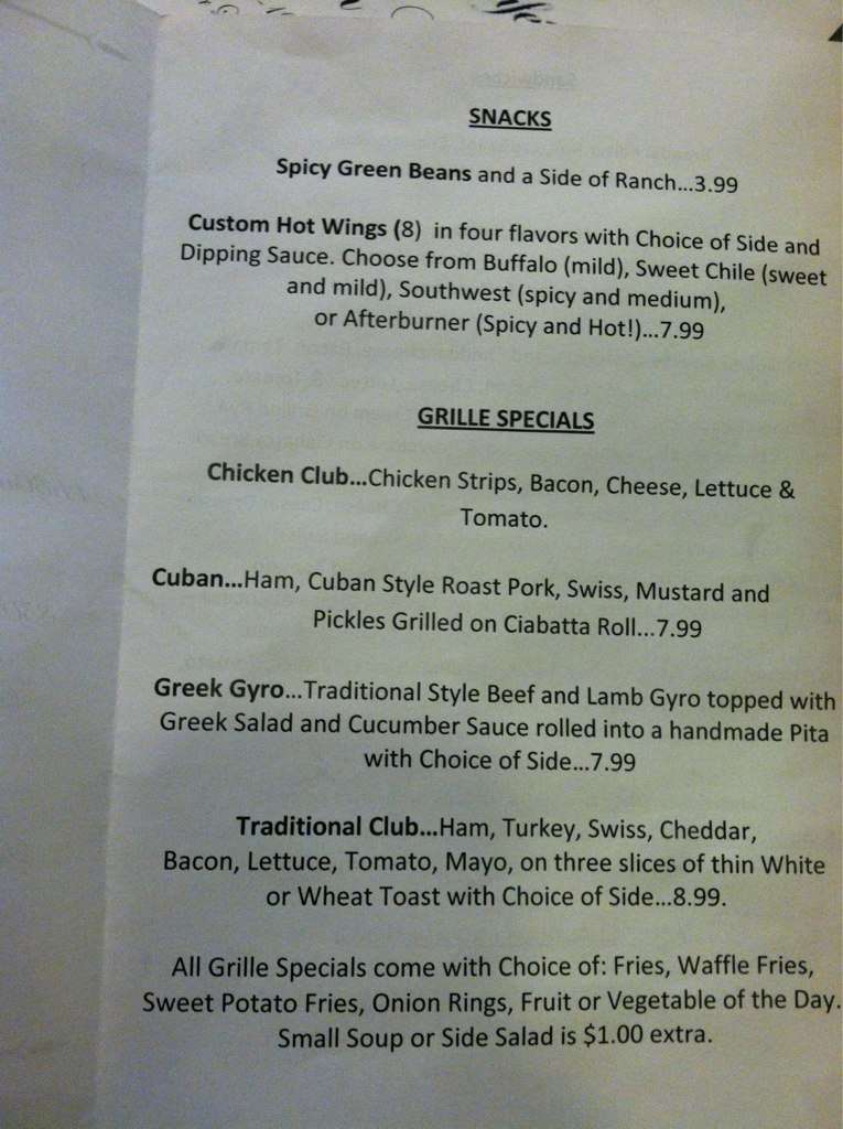 Menu at Willows Cafe, Lake Butler