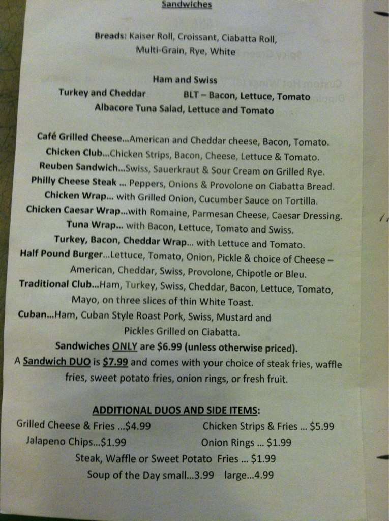Menu at Willows Cafe, Lake Butler